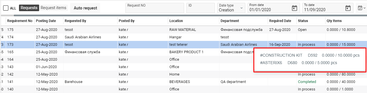 Inventory Requests list
