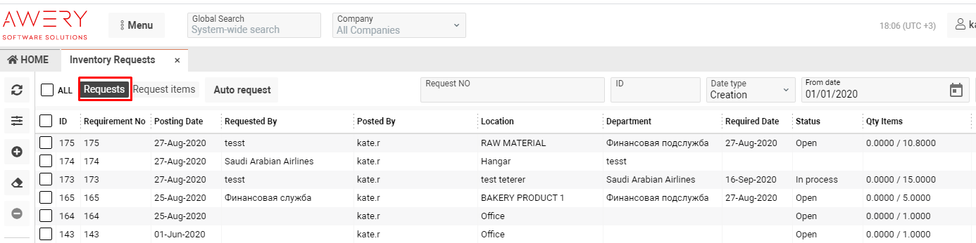 Inventory Requests list