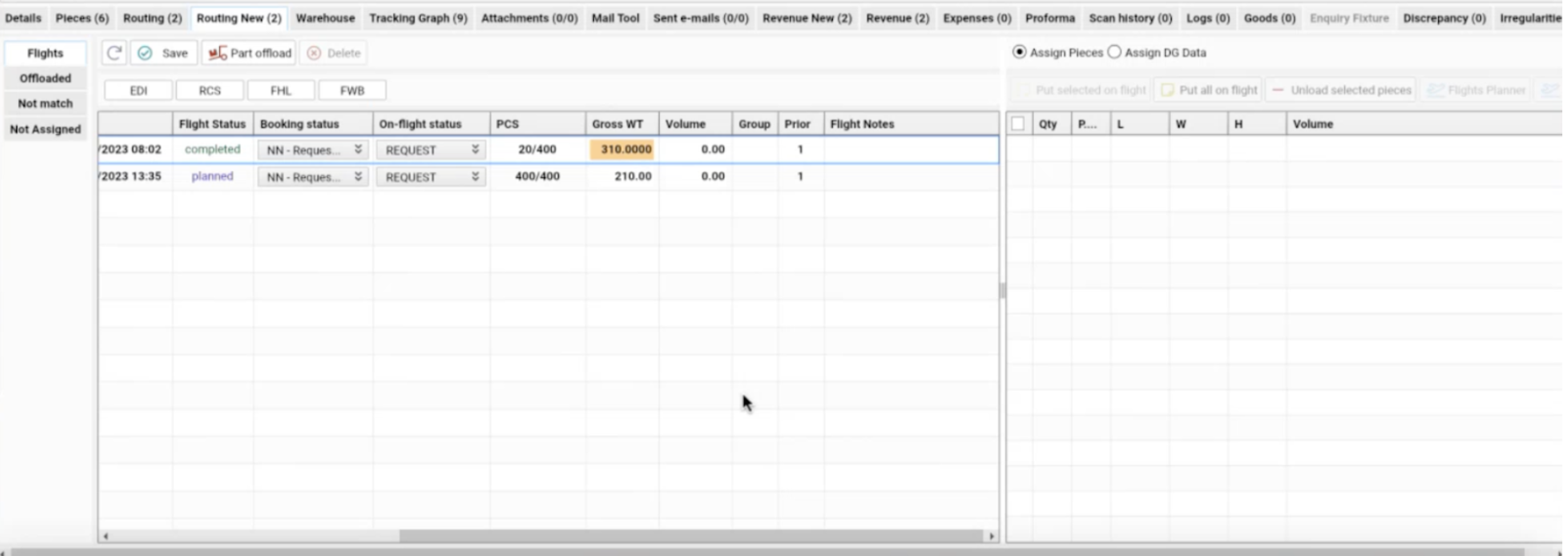 Working process with a split shipments